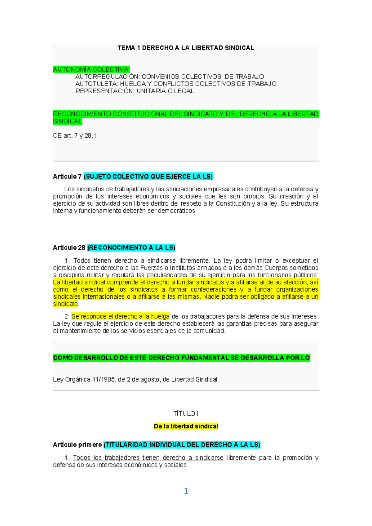 TEMA 1 Esquema libertad sindical urjc - TEMA 1 DERECHO A LA LIBERTAD SINDICAL AUTONOMÍA ...