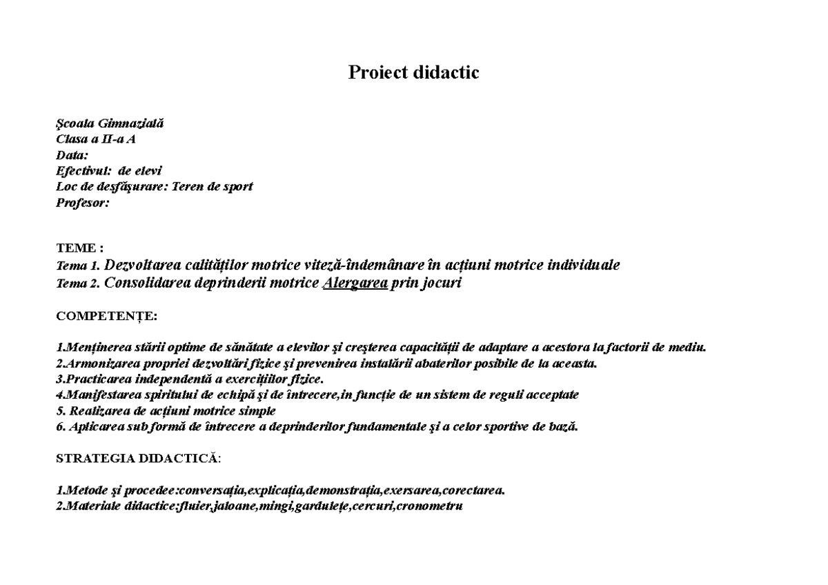 Proiect didactic efs clasa a II a - Teoria antrenamentului sportiv - Studocu