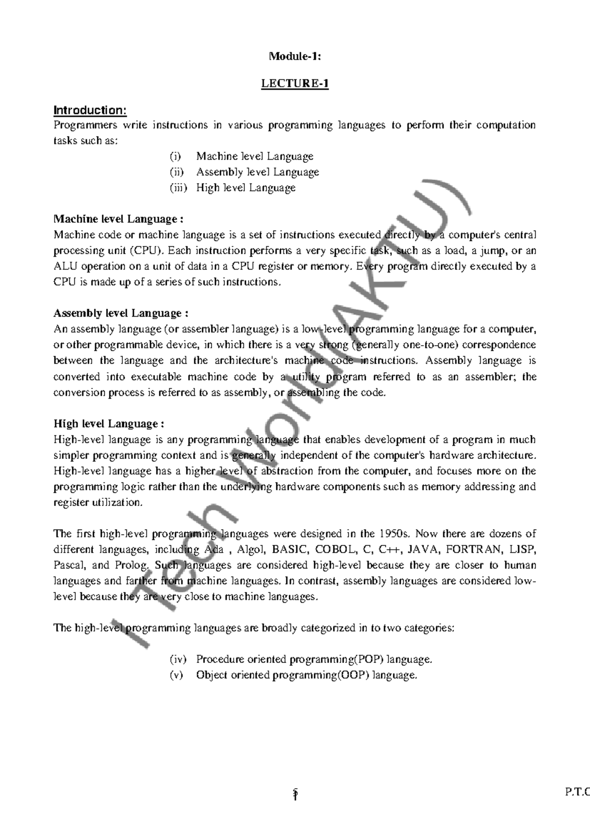 UNIT1-output-numbered - P.T 5 Module-1: LECTURE- 1 Introduction: Programmers write instructions ...