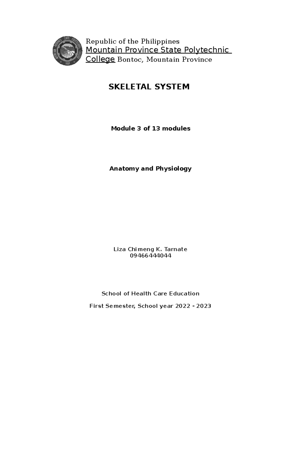 ANA PHY module 3 skeletal system 1 - SKELETAL SYSTEM Module 3 of 13 ...