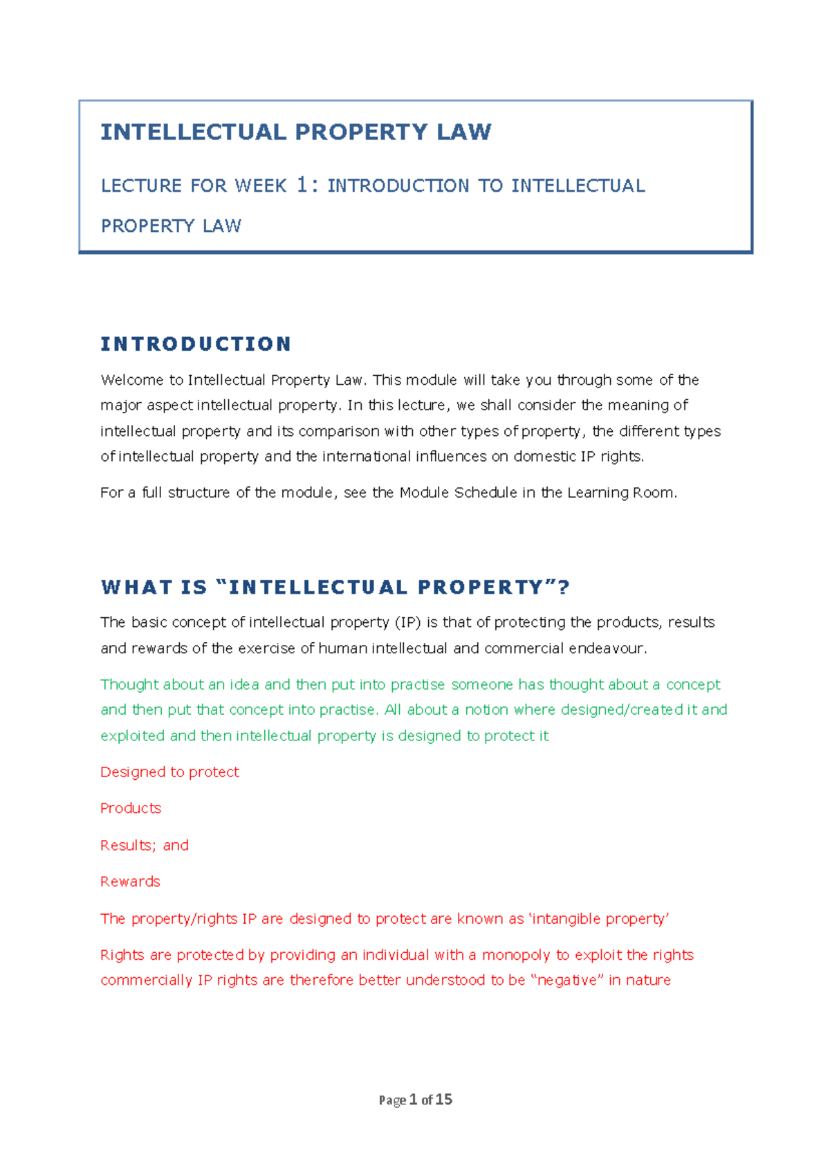 Lecture Handout for Week 1 - Introduction to IP - INTELLECTUAL PROPERTY ...