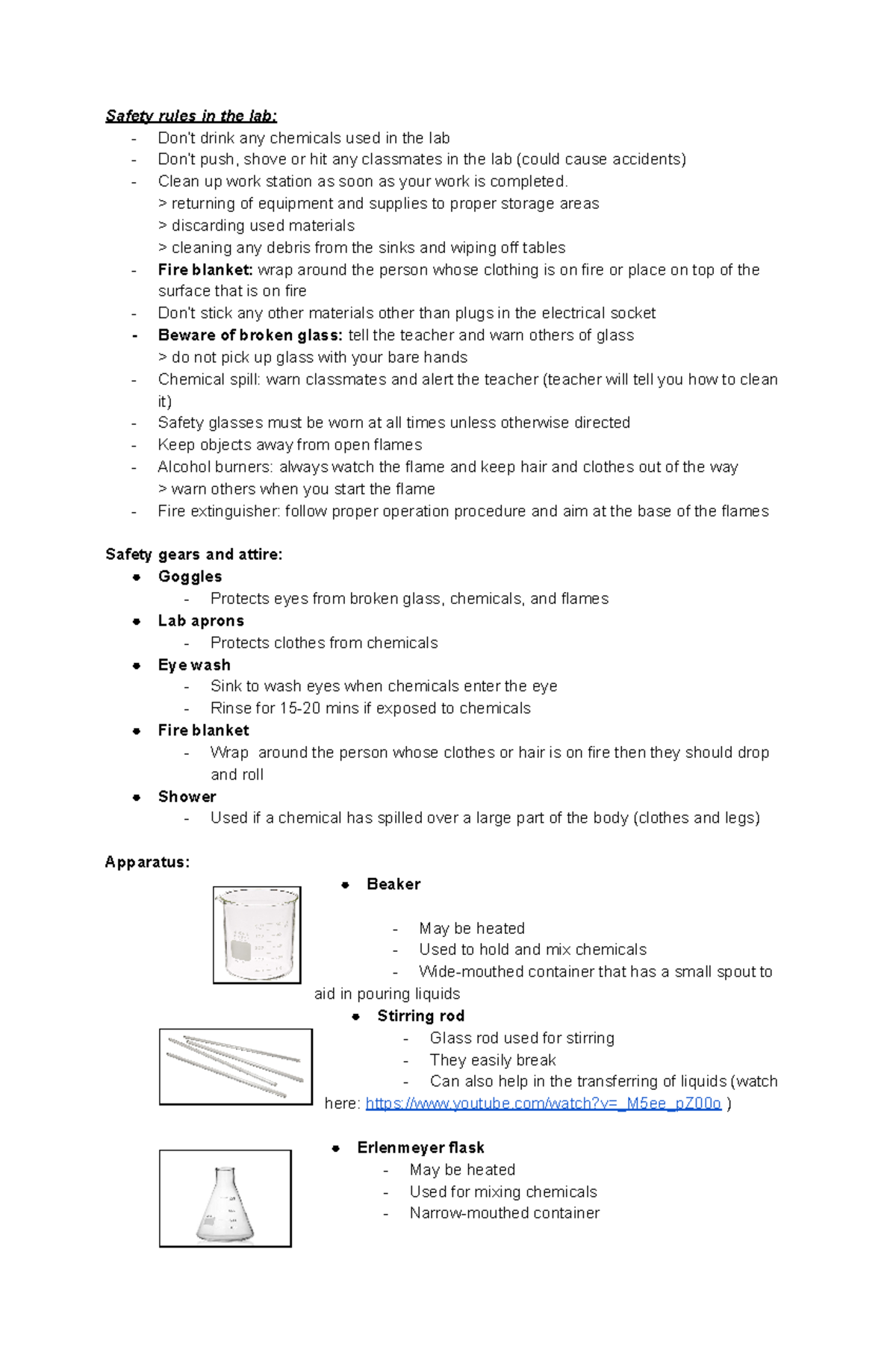 Lab Apparatus Notes - Safety rules in the lab: - Don’t drink any ...