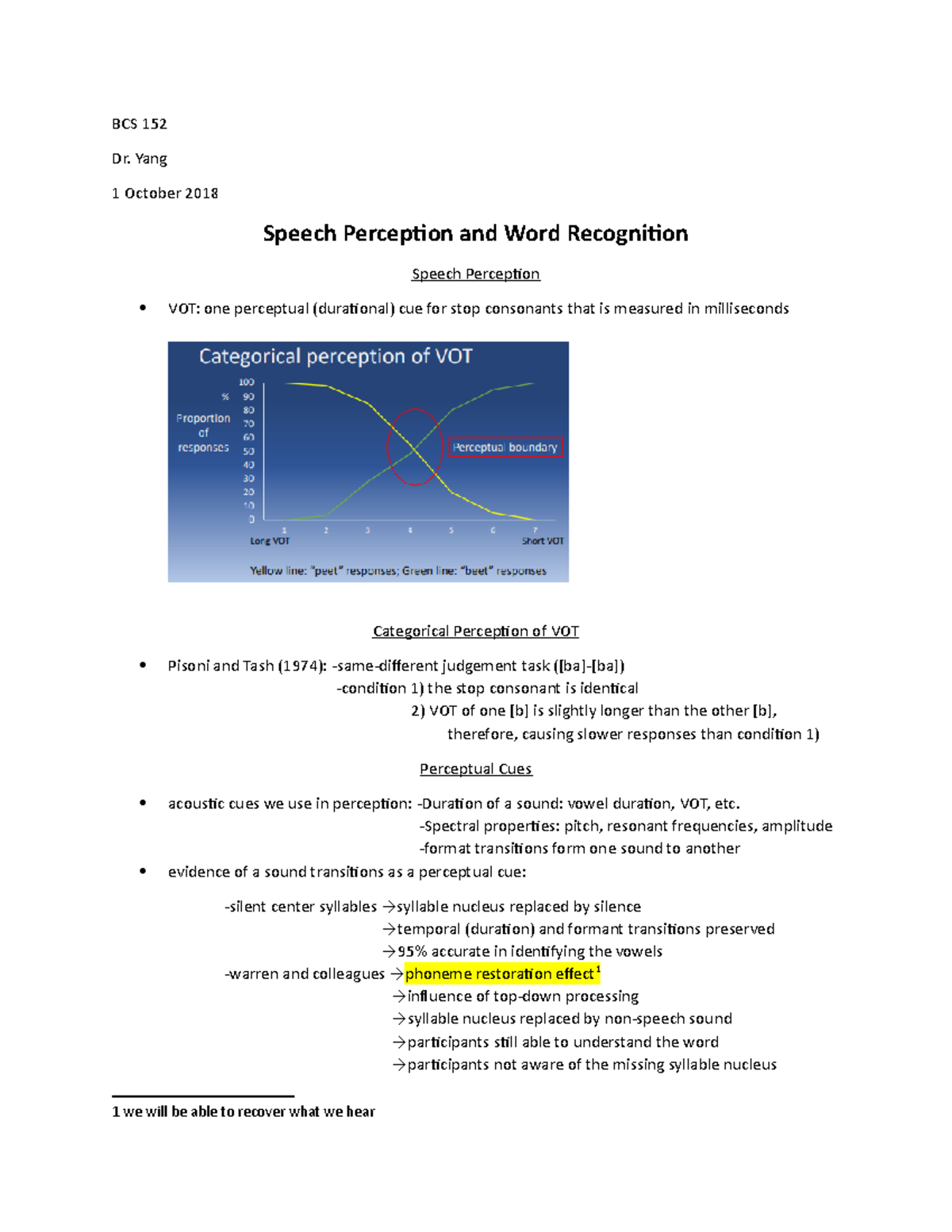 Speech Perception Word Recognition - BCS 152 Dr. Yang 1 October 2018 ...
