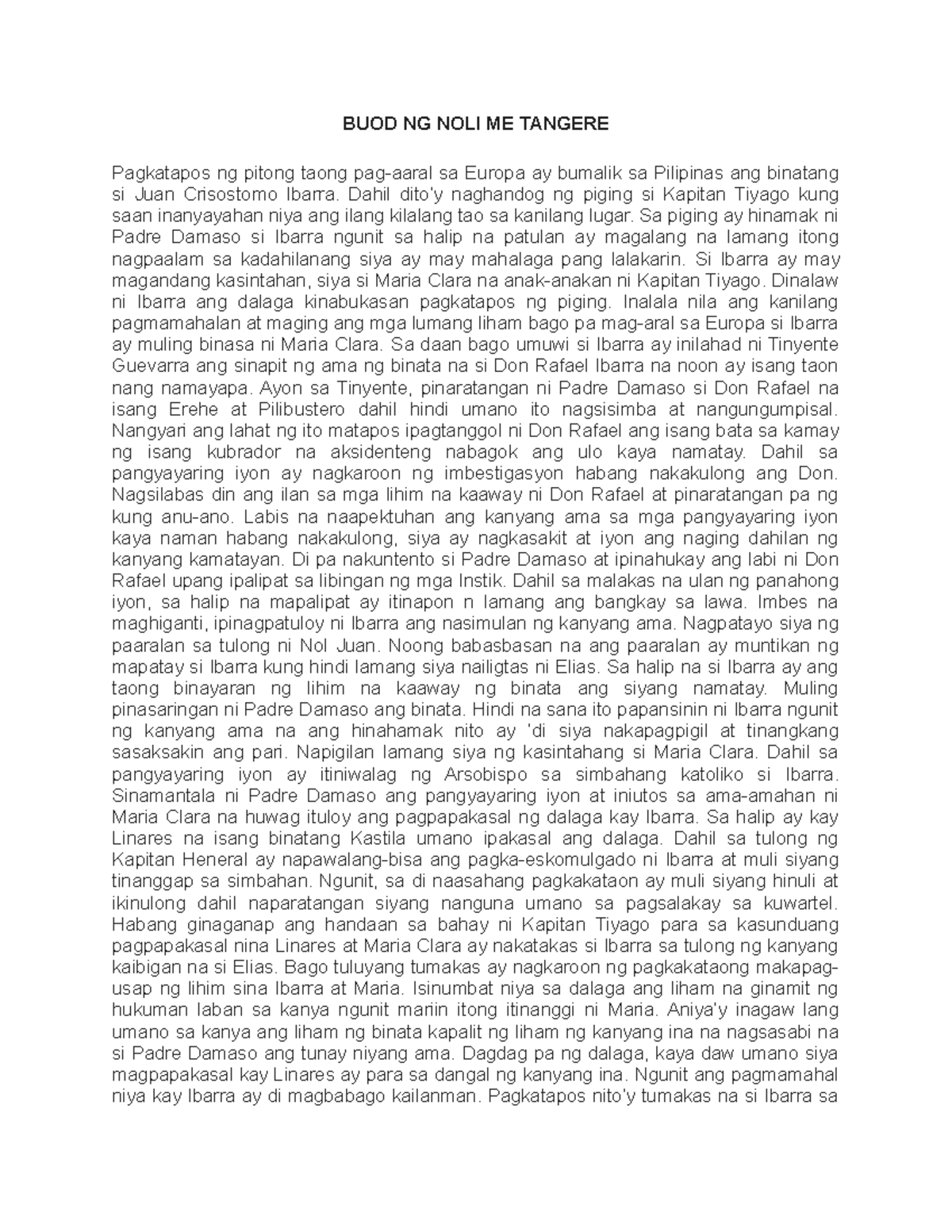 BUOD - for reference. - BUOD NG NOLI ME TANGERE Pagkatapos ng pitong ...