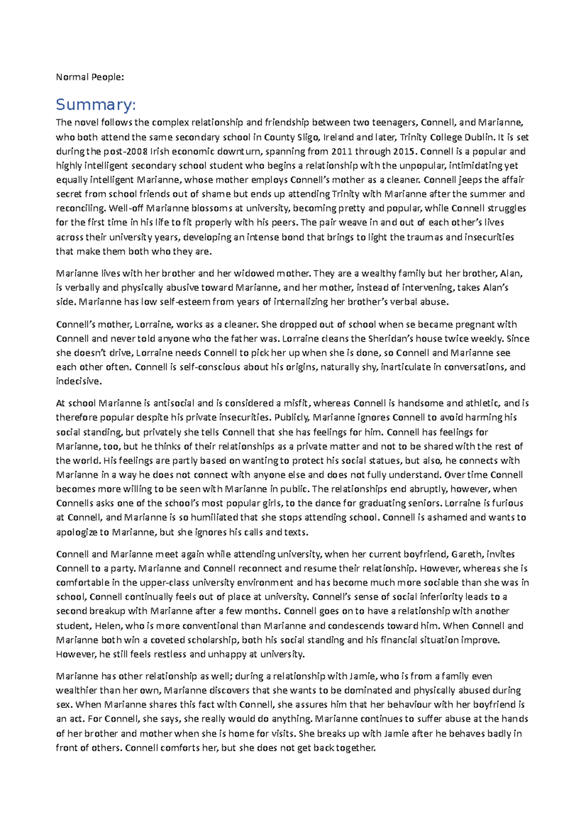 Normal People - Normal People: Summary: The novel follows the complex ...