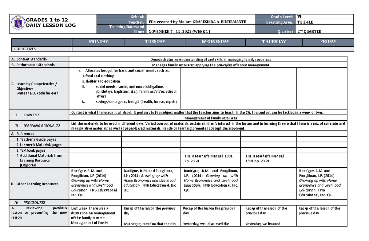 DLL TLE 6 Q2 W1 - DLL TLE 6 Q2 W1 - GRADES 1 to 12 DAILY LESSON LOG ...