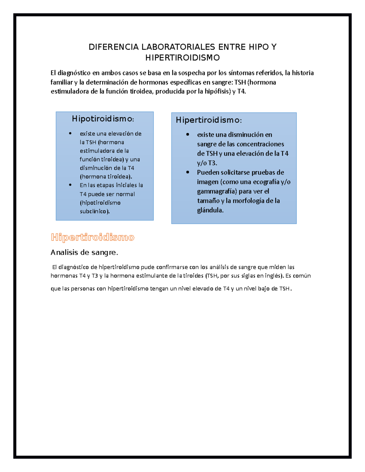 Diferencia Laboratoriales Entre HIPO Y Hipertiroidismo - DIFERENCIA ...