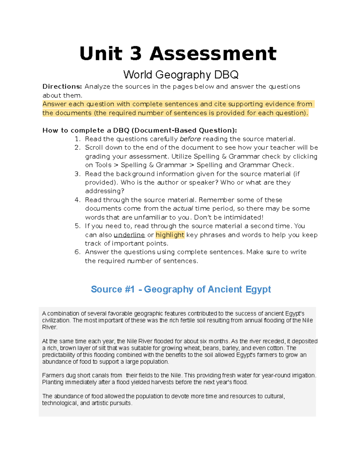 Option #1 - World Geography DBQ (Non-Honors) - Unit 3 Assessment World ...