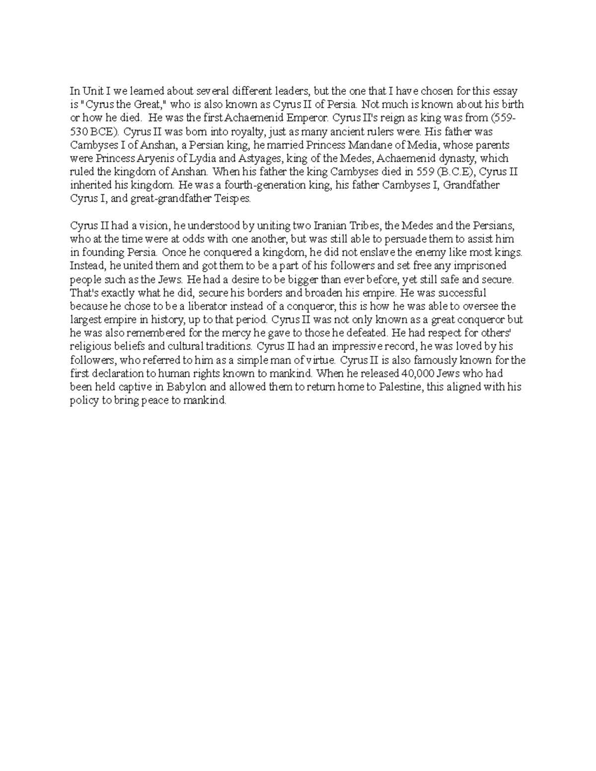 HIS 1305 Unit I Question 5 - In Unit I we learned about several ...