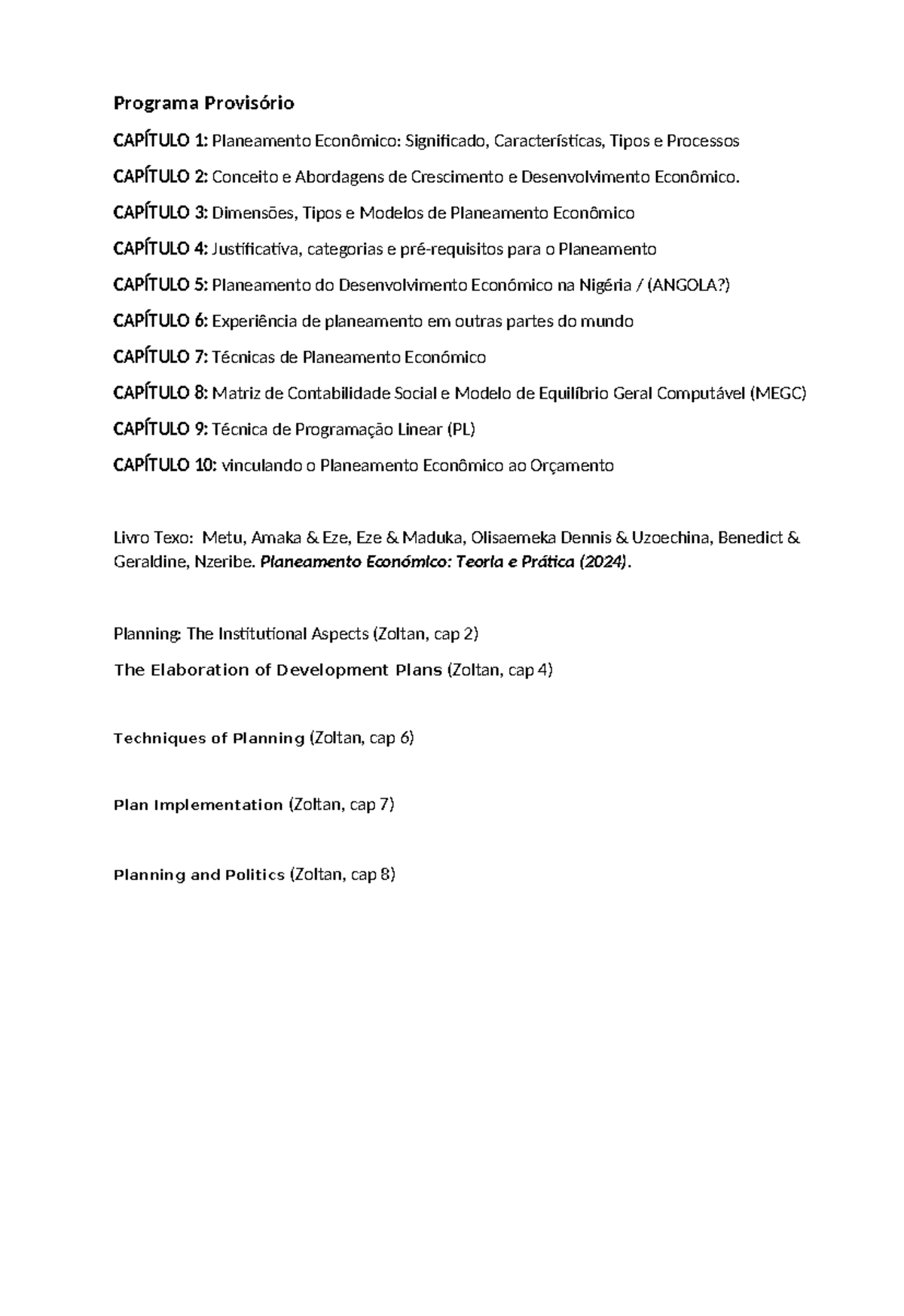 Economic Planning - Programa Provisório CAPÍTULO 1: Planeamento Econômico: Significado, - Studocu