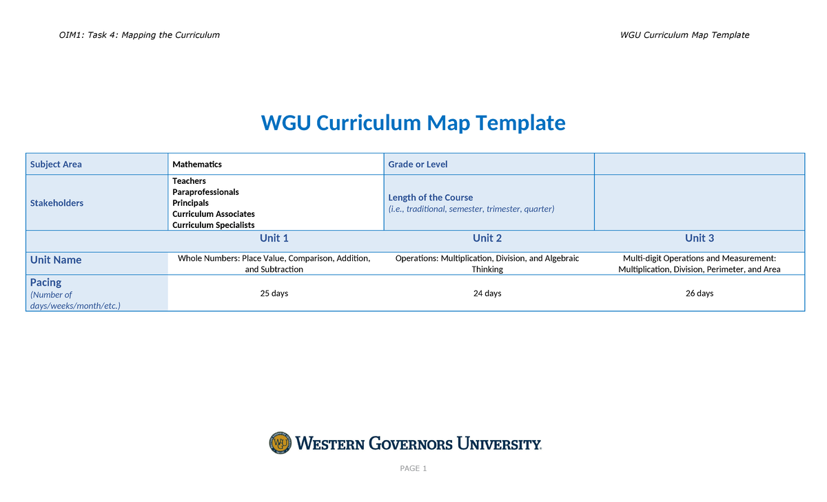 WGU Curriculum Map Task 4 PASSED - WGU Curriculum Map Template Subject ...