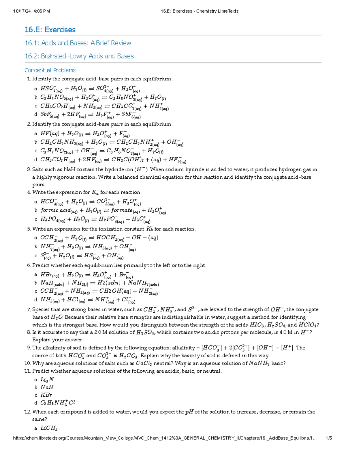 Chemistry Exercise Tests - 16: Exercises 16: Acids and Bases: A Brief ...