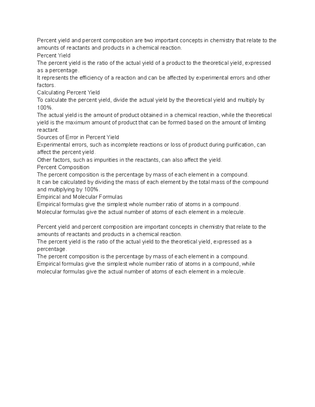 Percent Yield and Percent Composition Notes - Percent yield and percent ...
