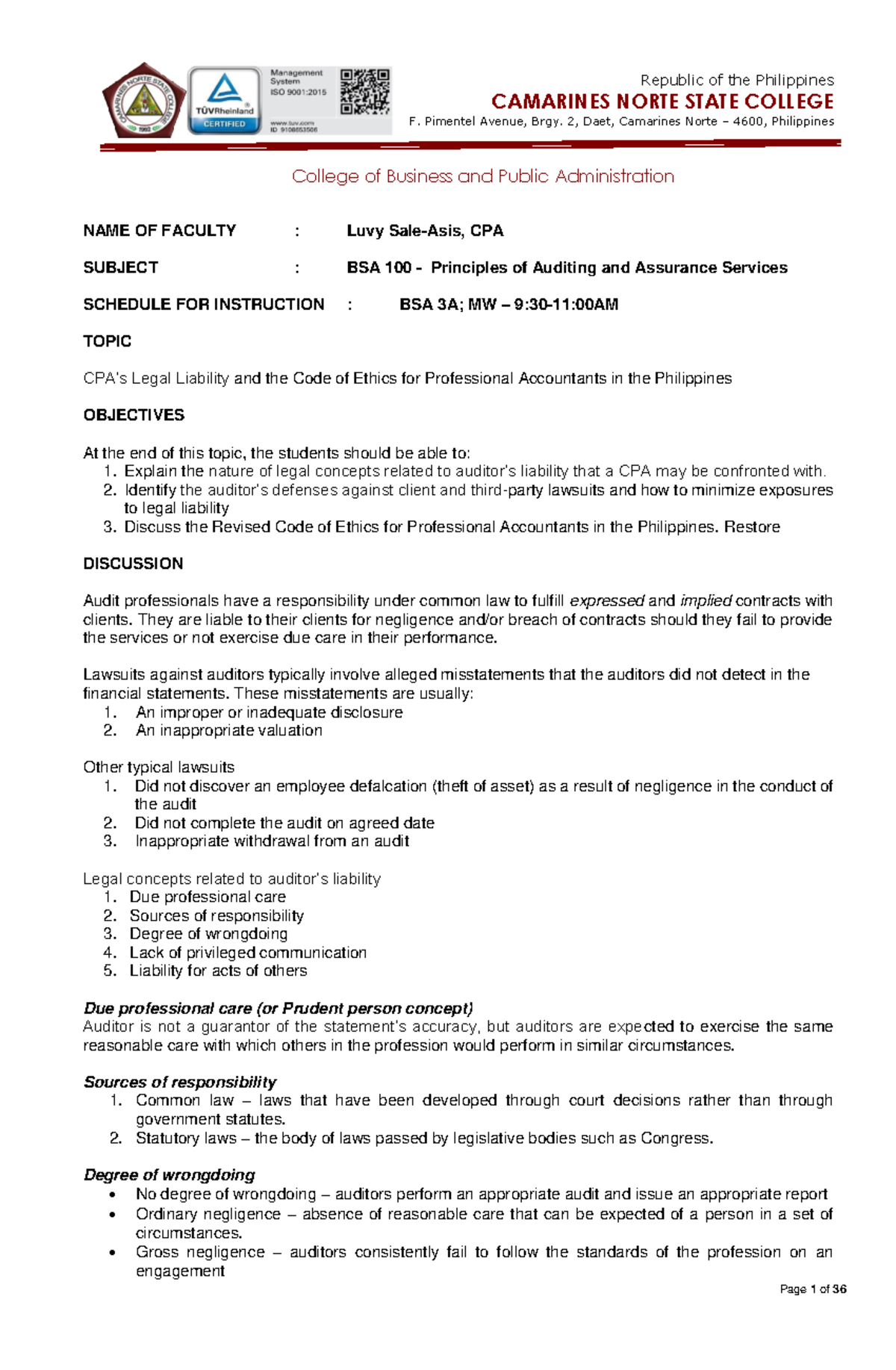 03 CPA legal liability code of ethics - NAME OF FACULTY : Luvy Sale ...