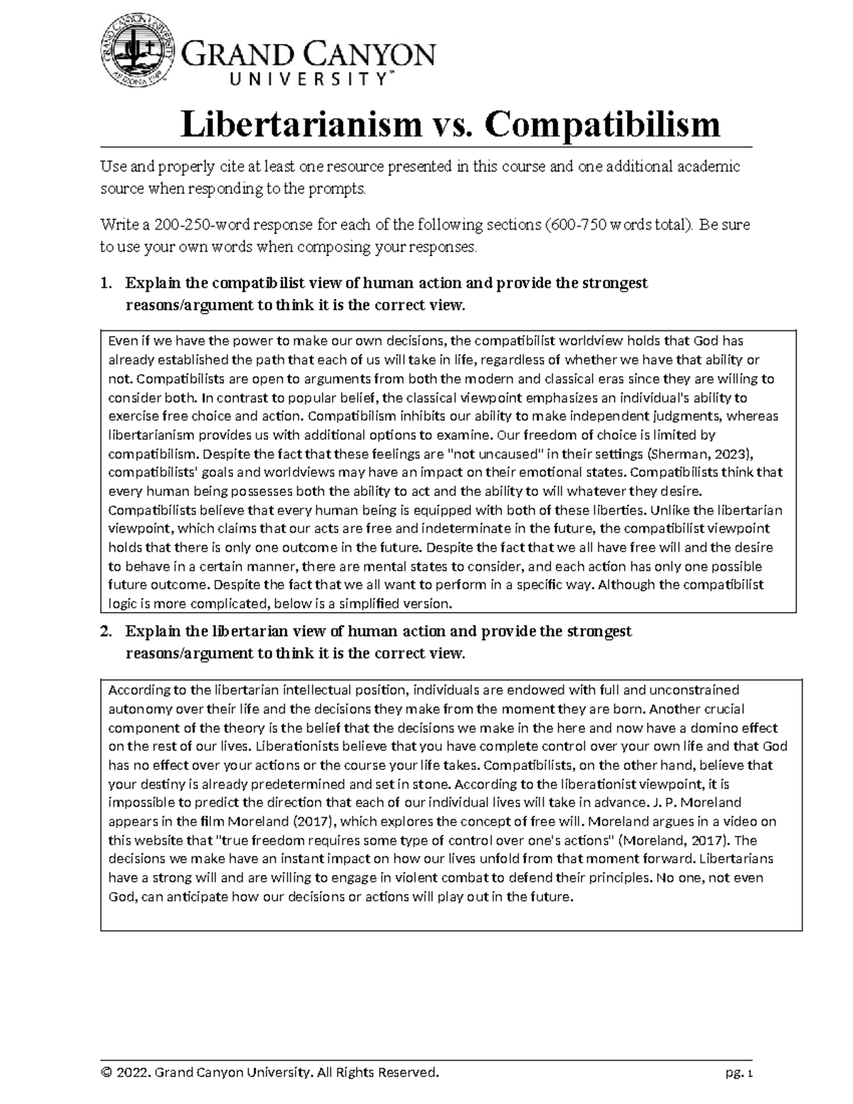 PHI 103 RS T5Libertarianism Compatibilism Worksheet - Libertarianism vs ...