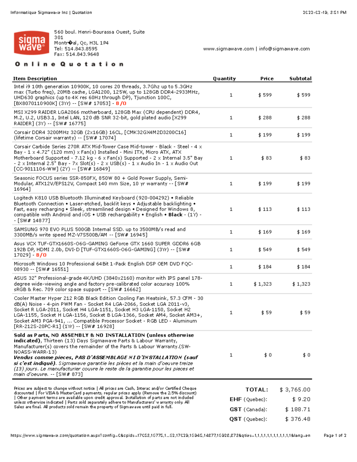 Assignment 2 Quotation for PC build - Informatique Sigmawave Inc ...