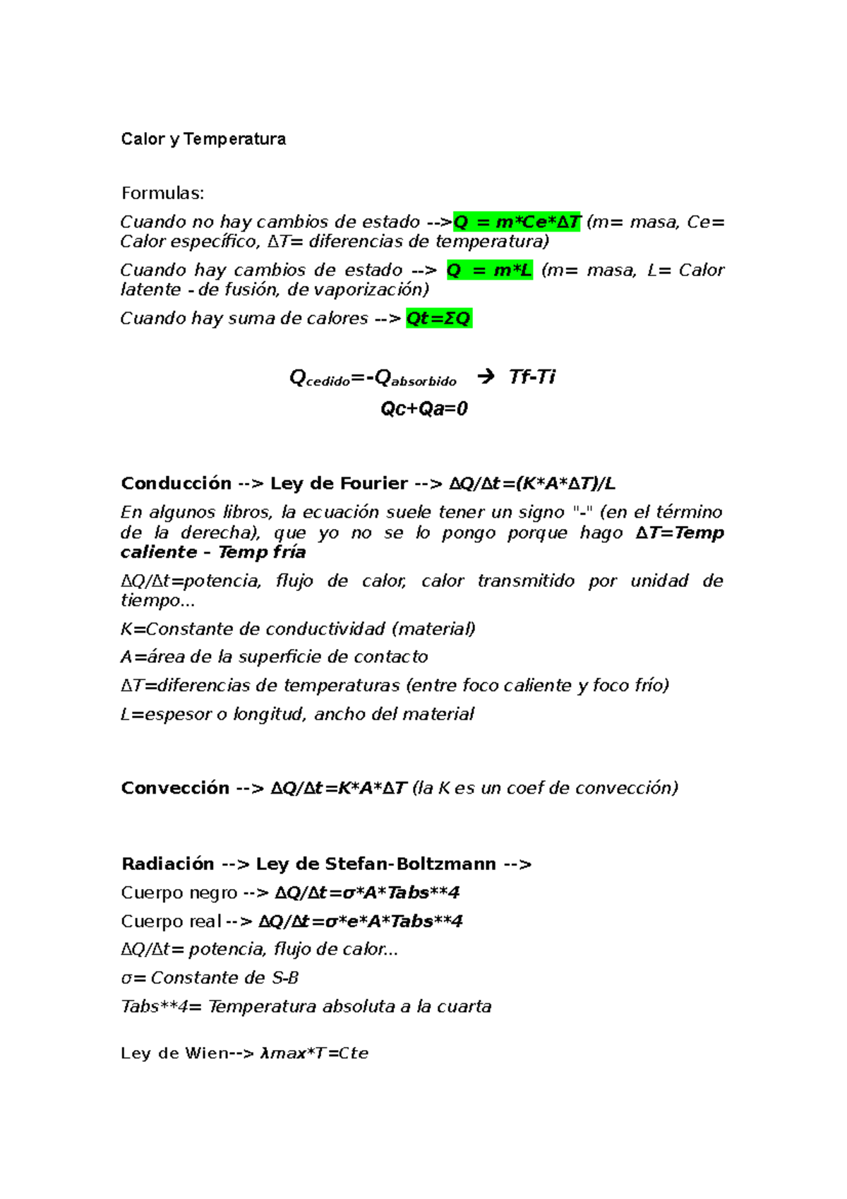 Formulas de Calor y Temperatura - Calor y Temperatura Formulas: Cuando ...