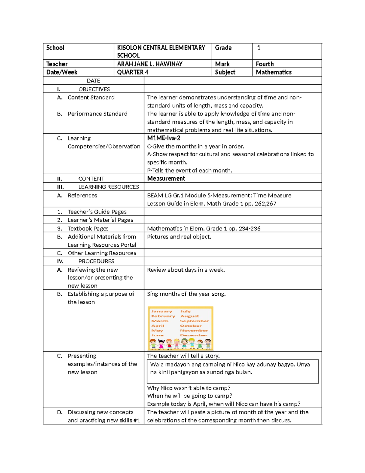 Grade 1 Lesson Plan in Months of the year - School KISOLON CENTRAL ...