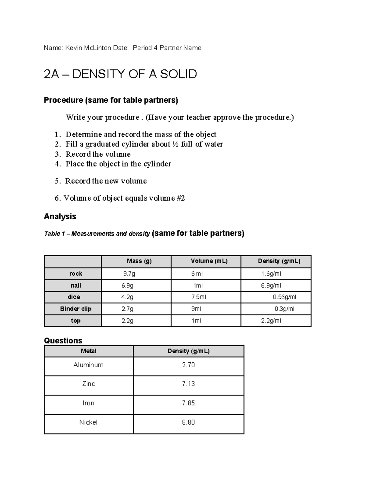 Copy of Density Lab 2024 - Name: Kevin McLinton Date: Period:4 Partner ...