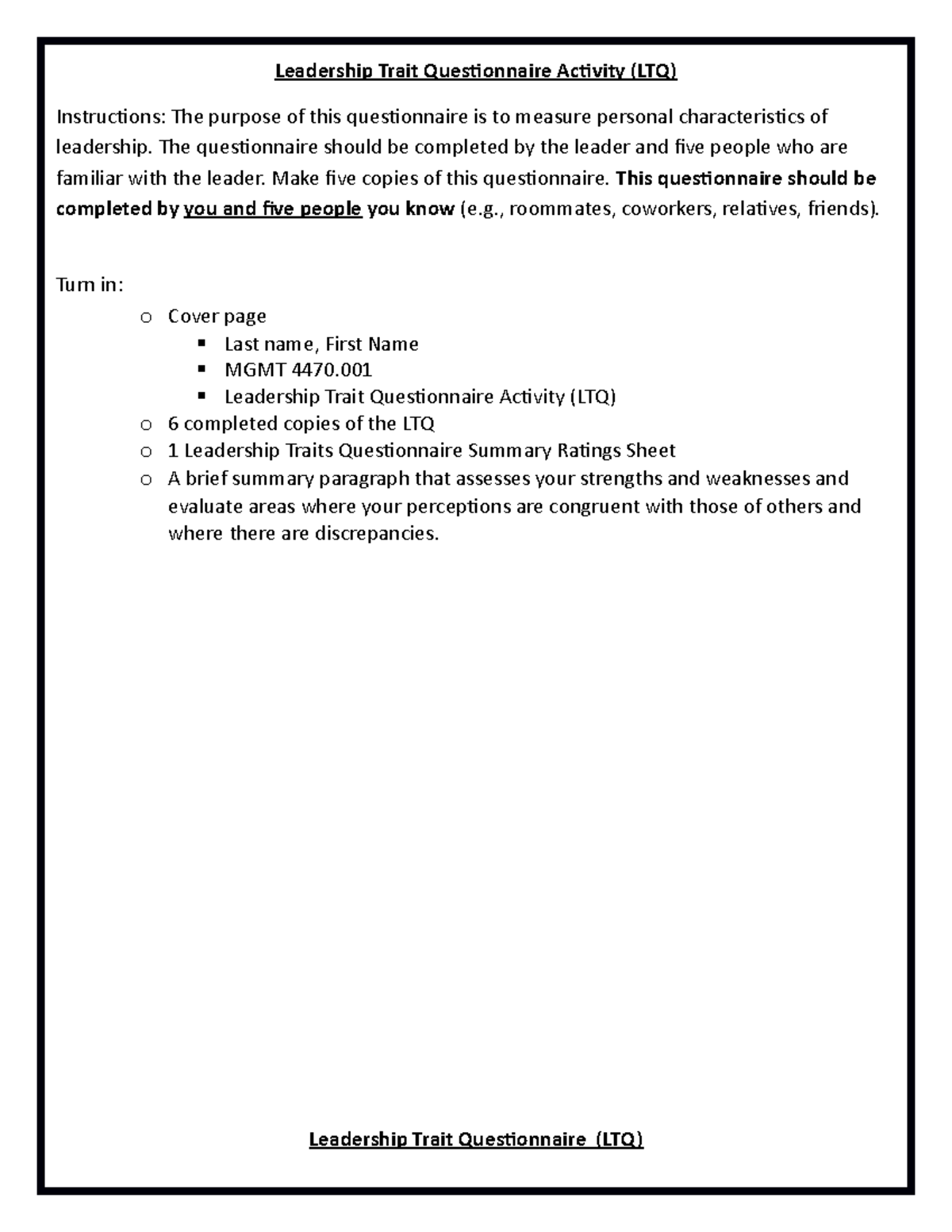 Leadership Trait Questionairre - The questionnaire should be completed ...