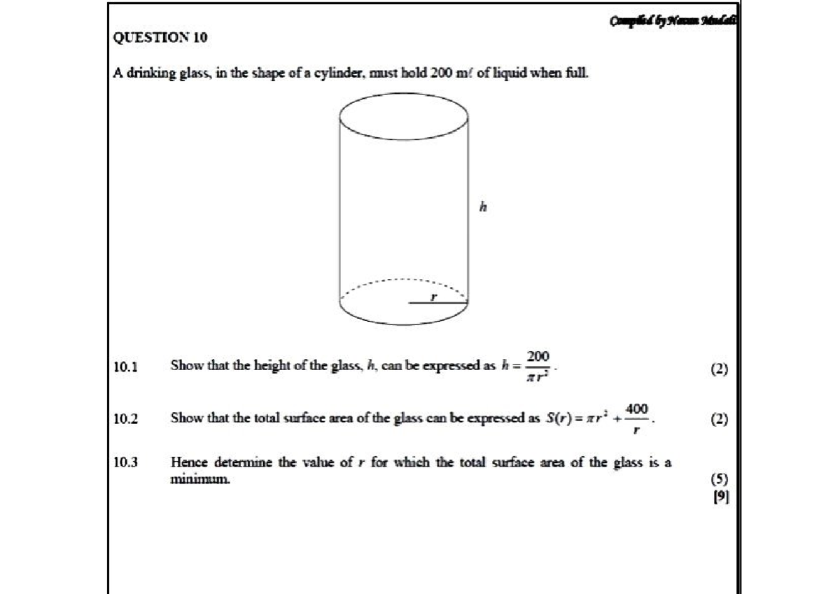 Calculus Optimization Gr12 - Complied News QUESTION 10 A drinking glass ...