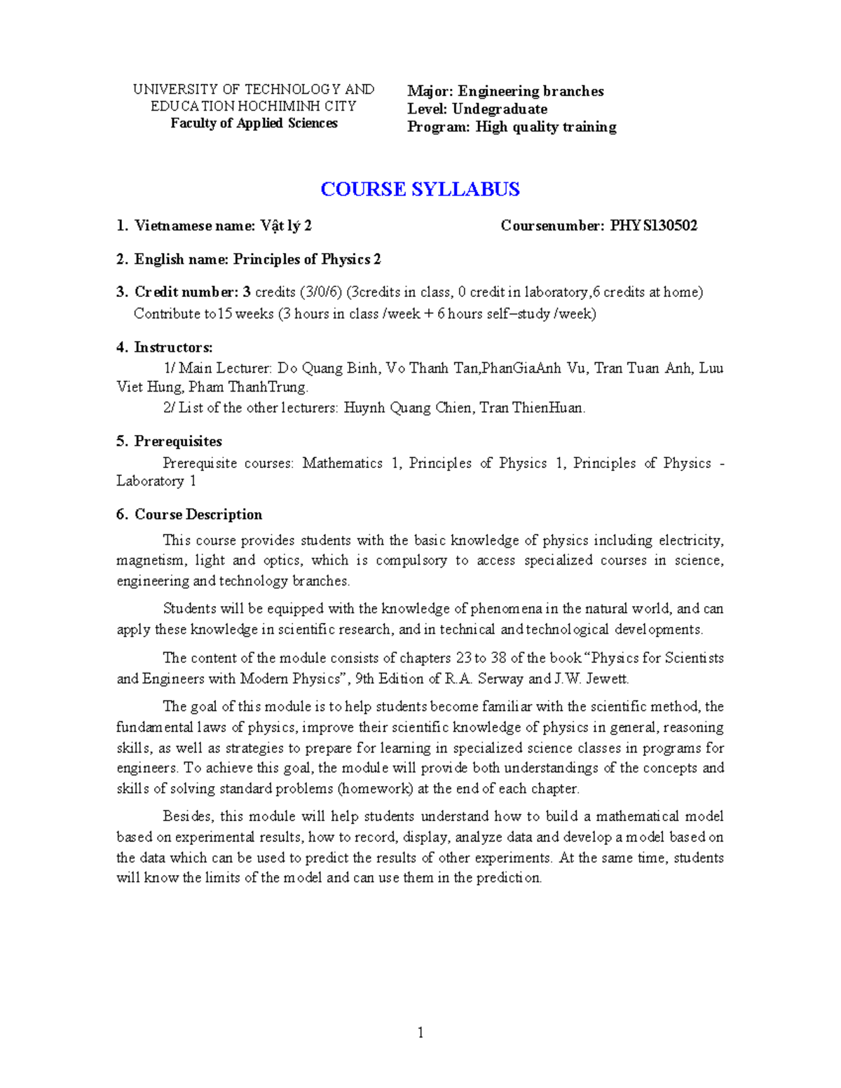 Phys2 syllabus - UNIVERSITY OF TECHNOLOGY AND EDUCATION HOCHIMINH CITY ...