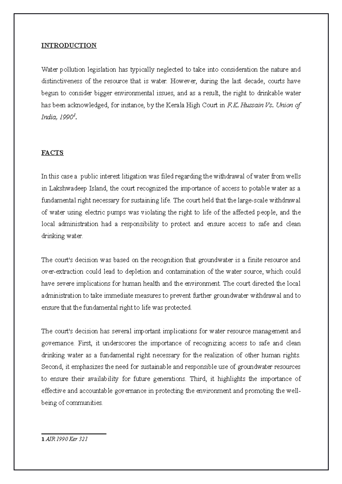 CASE Analysis- Environmental LAW - INTRODUCTION Water pollution ...