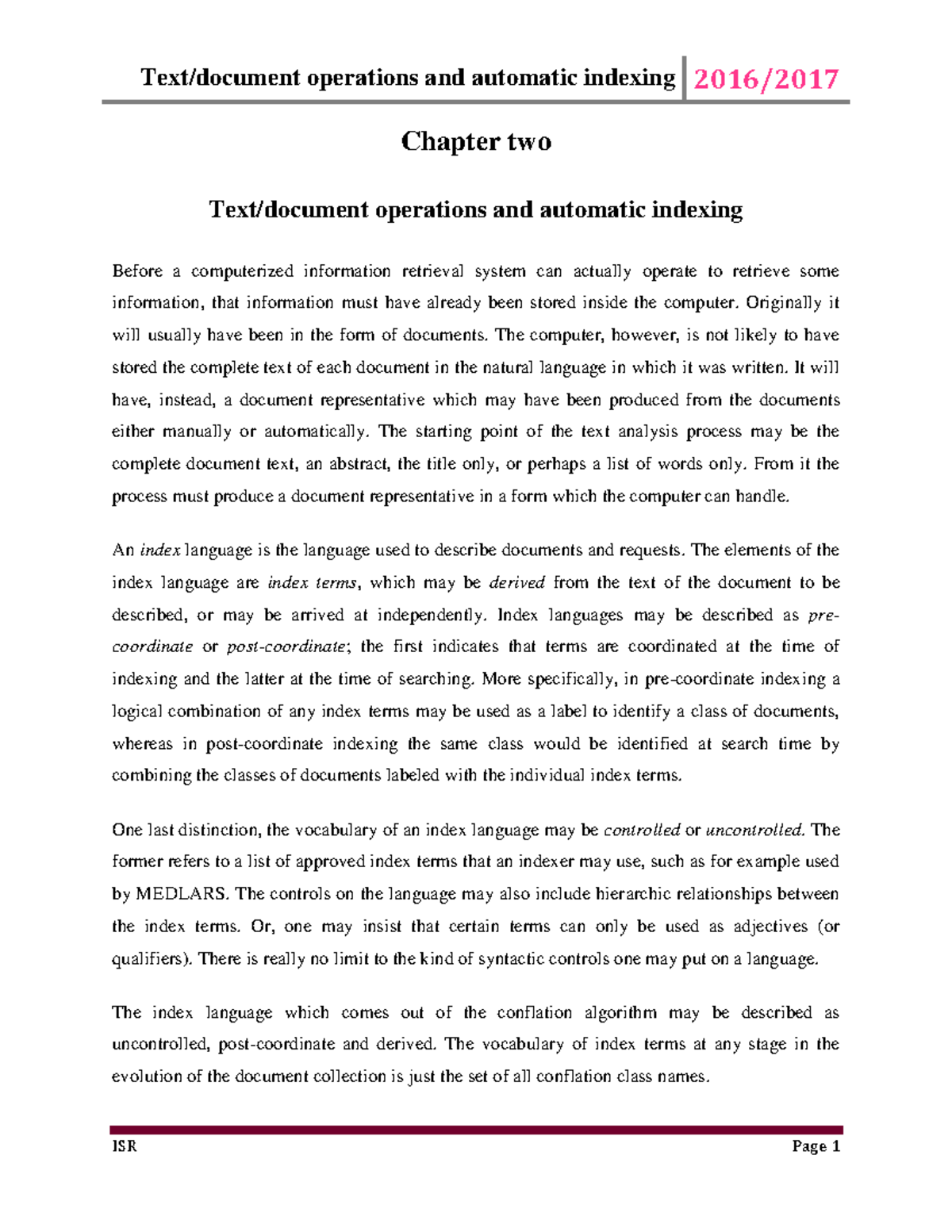 Ir Chapter 2 Ir Lecture Notes Chapter Two Textdocument Operations And Automatic Indexing