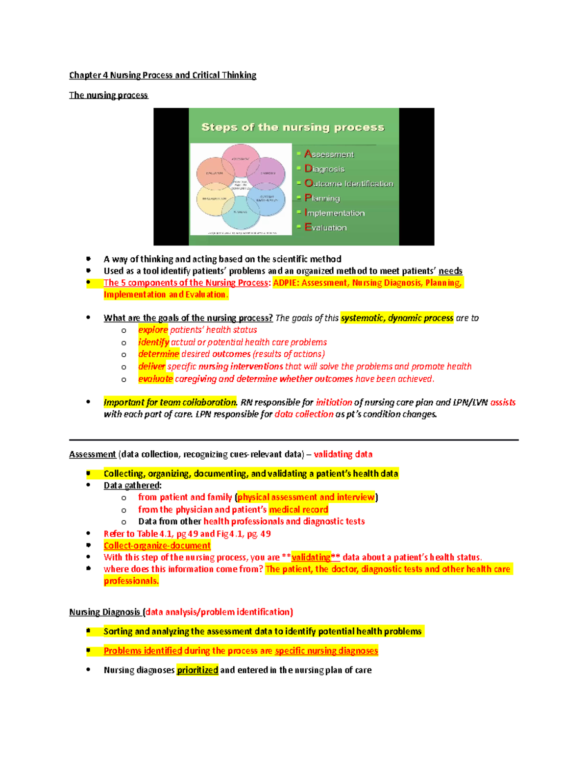 Chapter 4 Outline - Lecture and text notes. - Chapter 4 Nursing Process ...