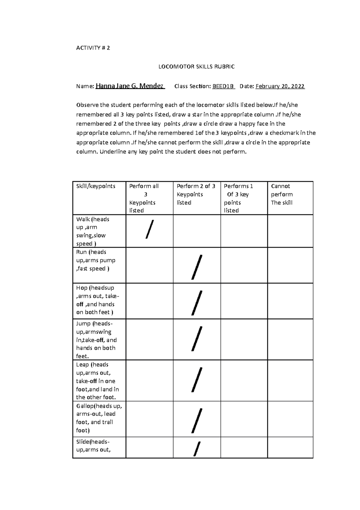 Answer in PE2 - hanna jane - ACTIVITY # 2 LOCOMOTOR SKILLS RUBRIC Name ...