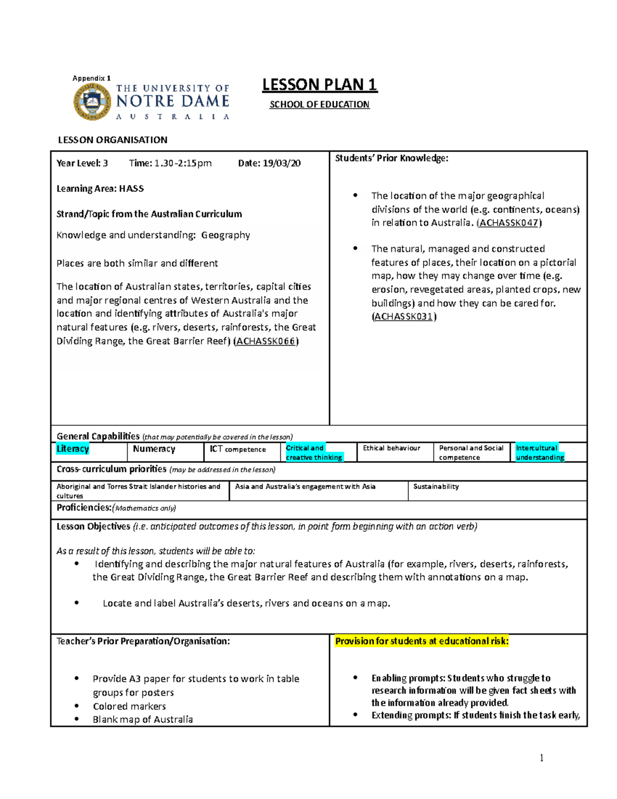 HASS Lesson Plan Part 1 Appendix 1 LESSON PLAN 1 SCHOOL OF EDUCATION
