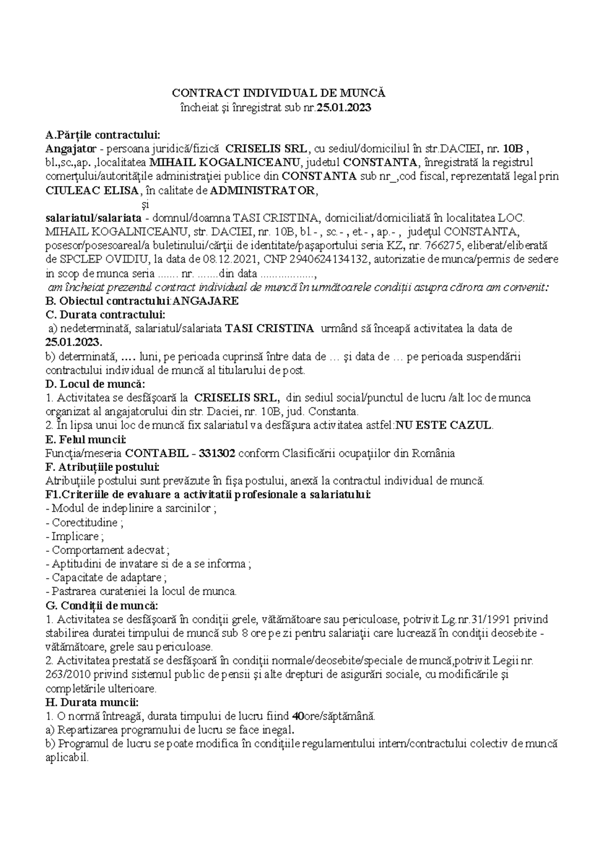 CIM TASI Cristina - act - CONTRACT INDIVIDUAL DE MUNCĂ încheiat şi ...