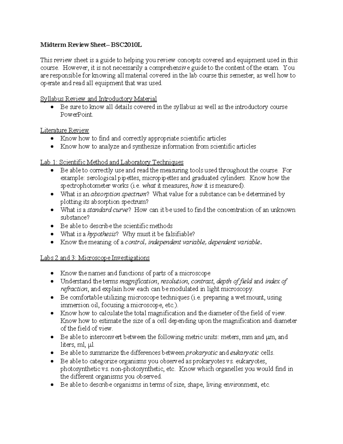 Midterm Review Sheet SP24 - Midterm Review Sheet– BSC2010L This review ...