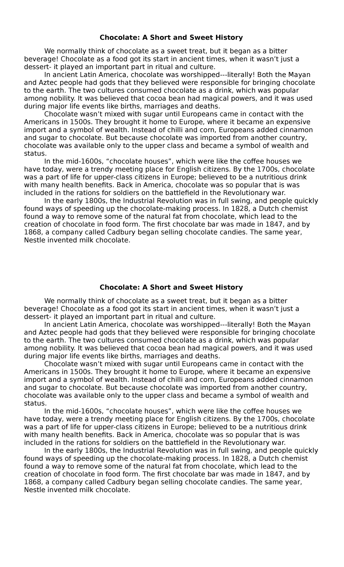 Chocolate History - Chocolate: A Short and Sweet History We normally ...