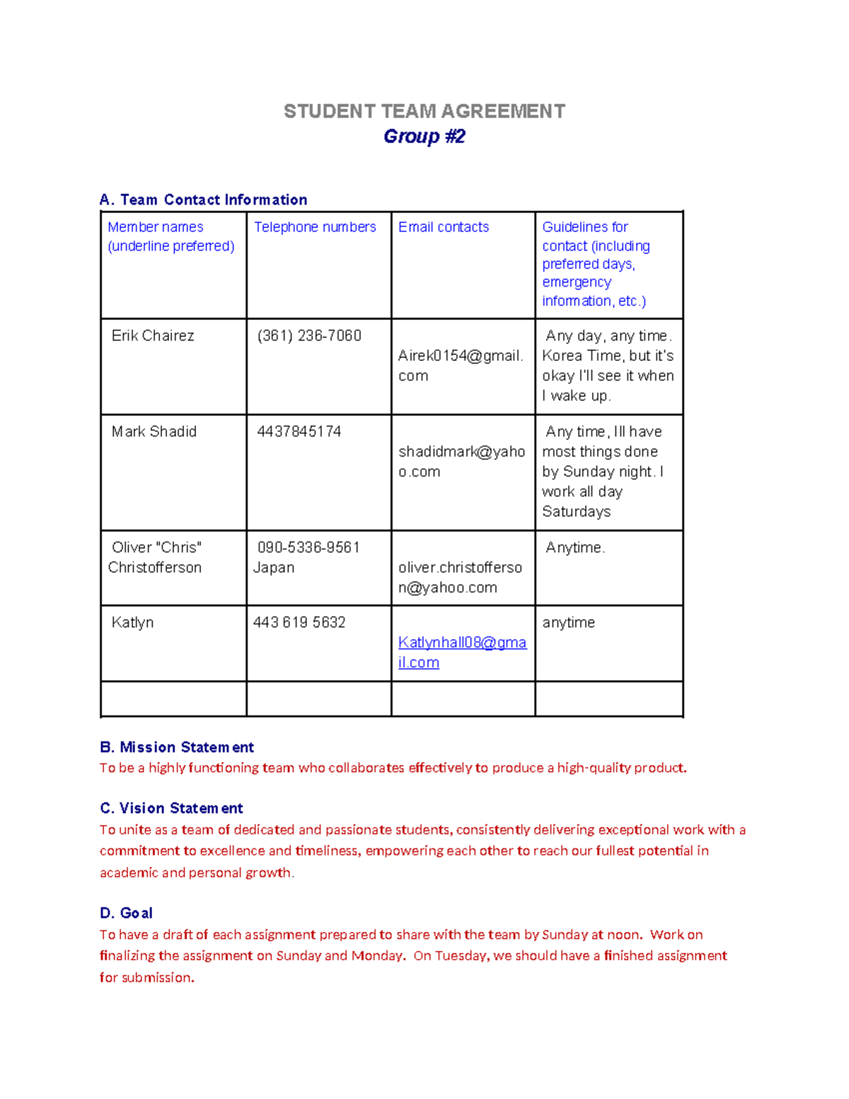 Team Agreement - STUDENT TEAM AGREEMENT Group A. Team Contact ...