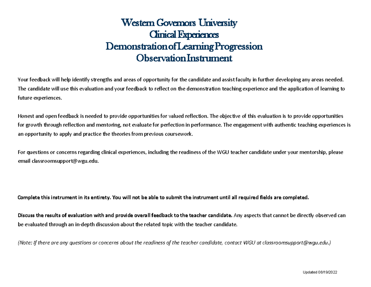 Learning Progression Observation Instrument - Western Governors ...