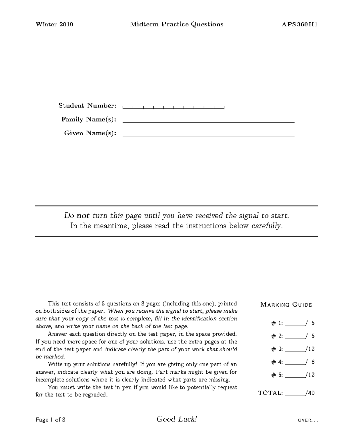 APS360H1 2019 1 winter practice - Winter 2019 Midterm Practice ...