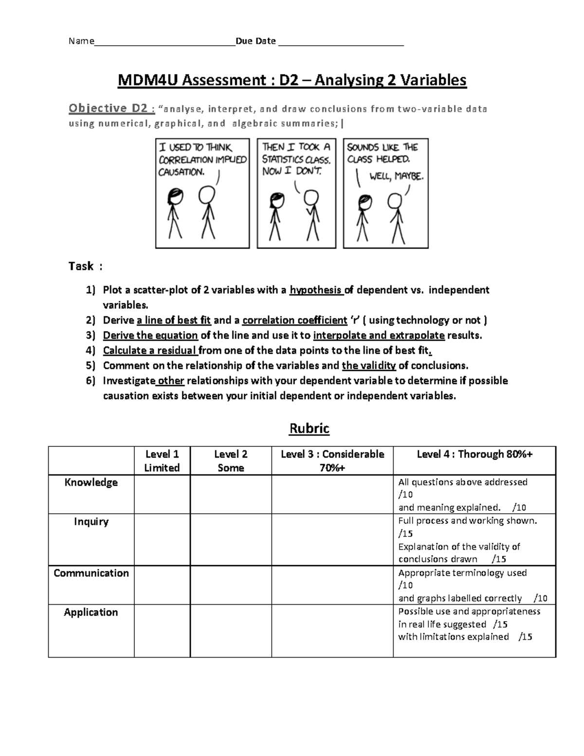 MDM4U Assessment Correlation and 2 Variable Analysis - Name ...