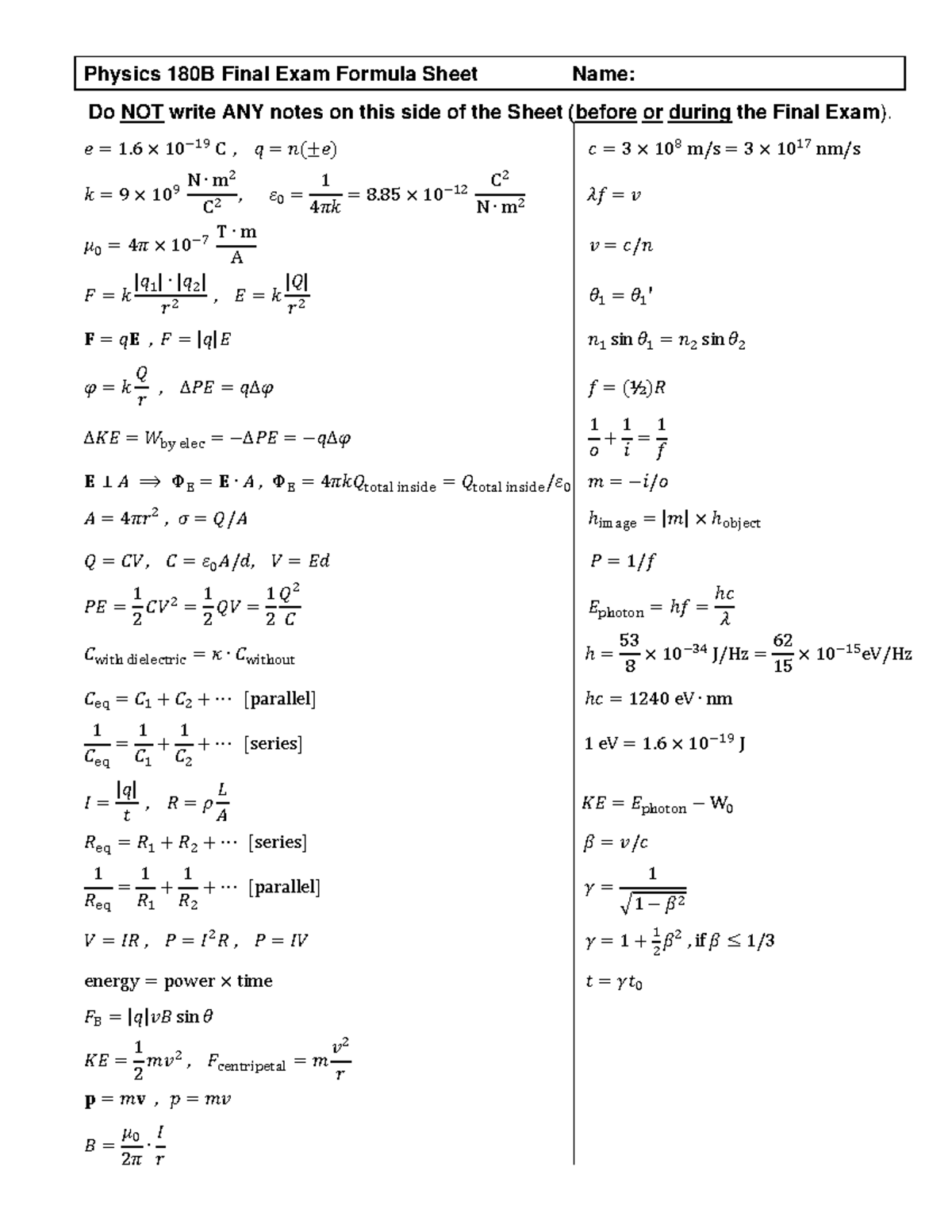 Physics 180B - Spring 2024 - Final Exam Formula Sheet - Physics 180B Final Exam Formula Sheet ...