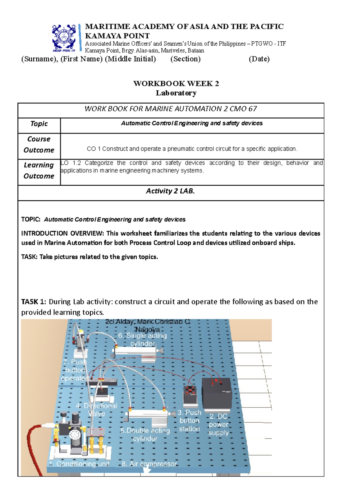 AUTO 2 CMO 67 Workbook WEEK 2- Lab. - KAMAYA POINT Associated Marine Officers’ and Seamen’s ...