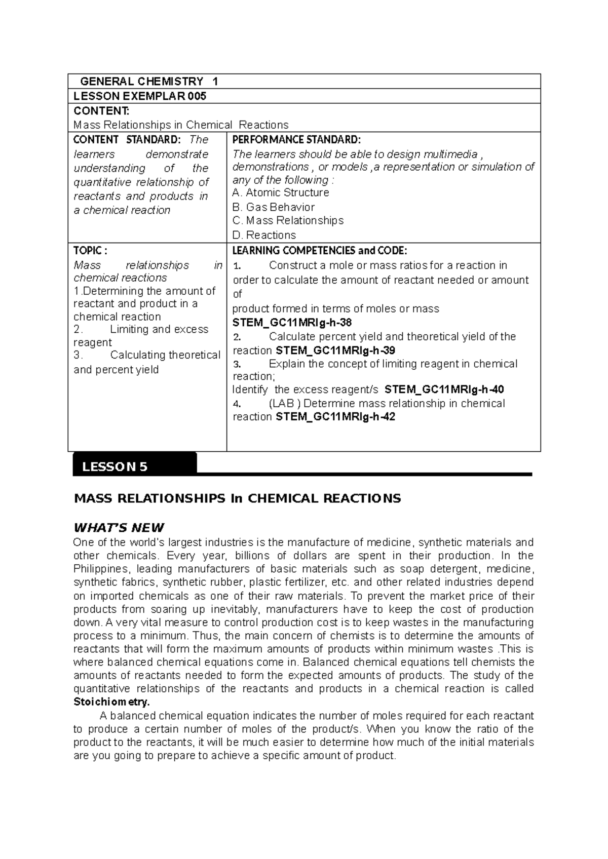 lesson exemplars- general chemistry 1 - GENERAL CHEMISTRY 1 LESSON ...