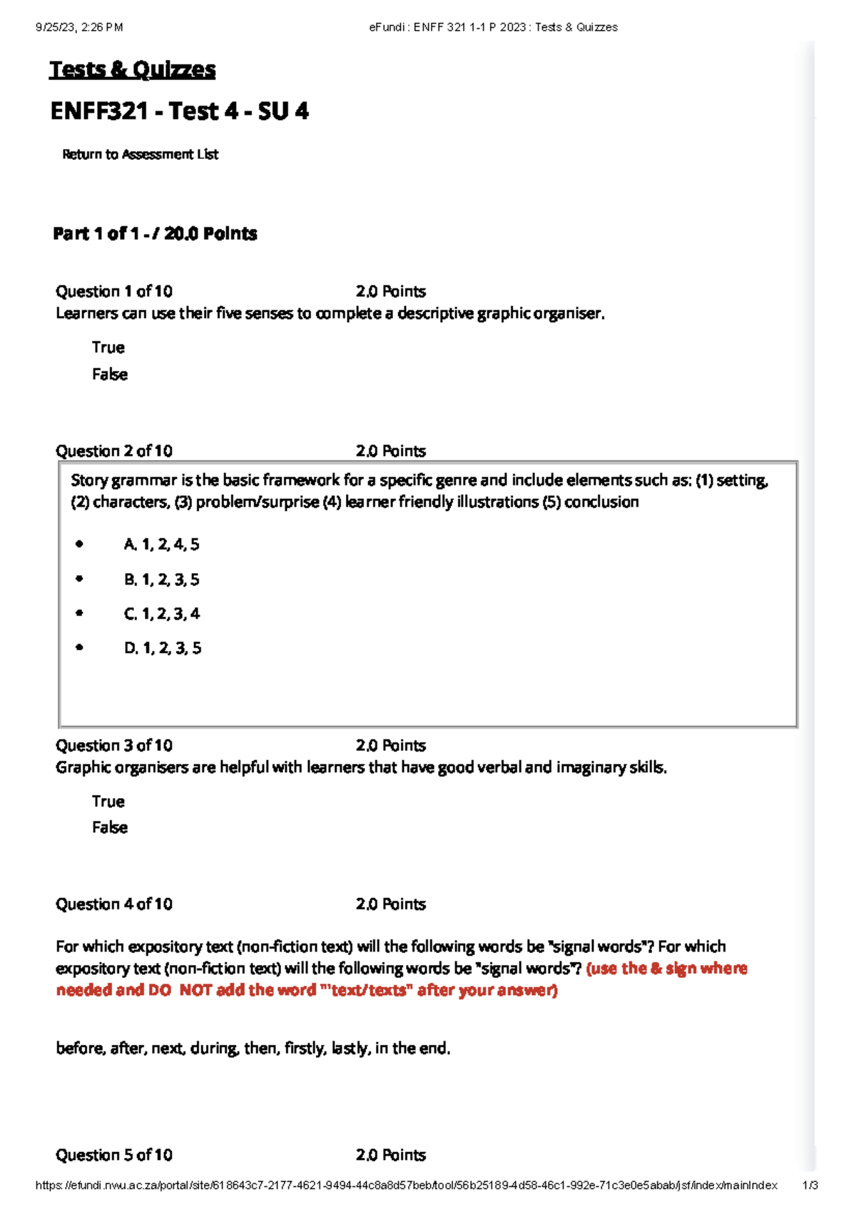 Enff 321 su 4 test - Study units individual tests - 9/25/23, 2:26 PM ...