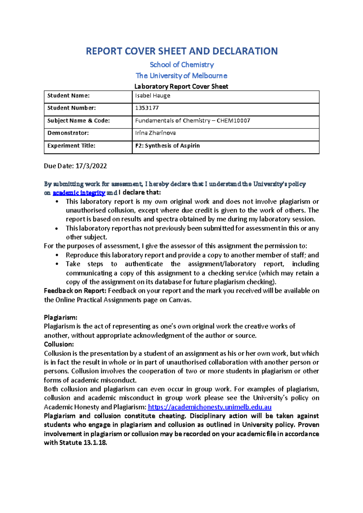 Experiment F2 Student Report Template 2022 - CHEM10007 - Unimelb - Studocu