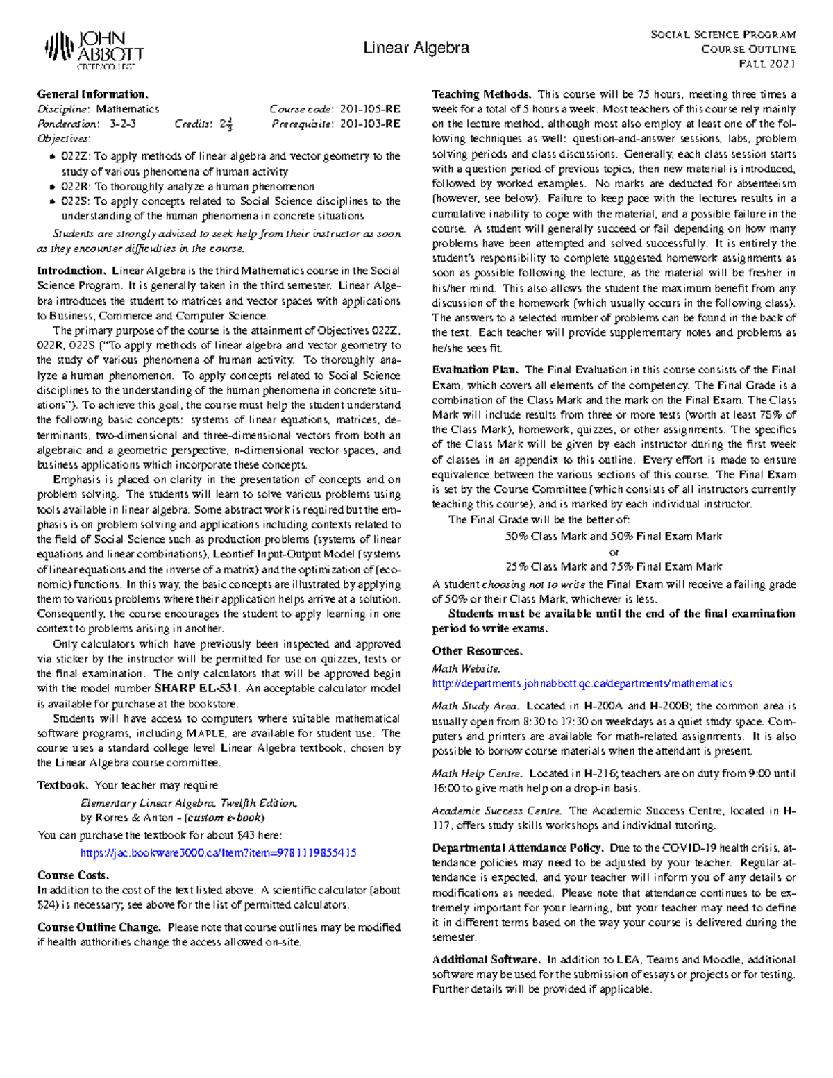 105outline Fall 2021 - linear algebra - Linear Algebra ...