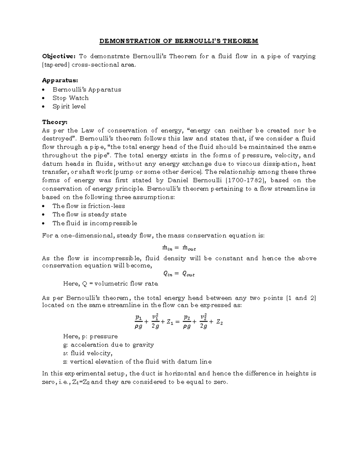 Bernoulli's Theorem Demonstartion - DEMONSTRATION OF BERNOULLI’S ...