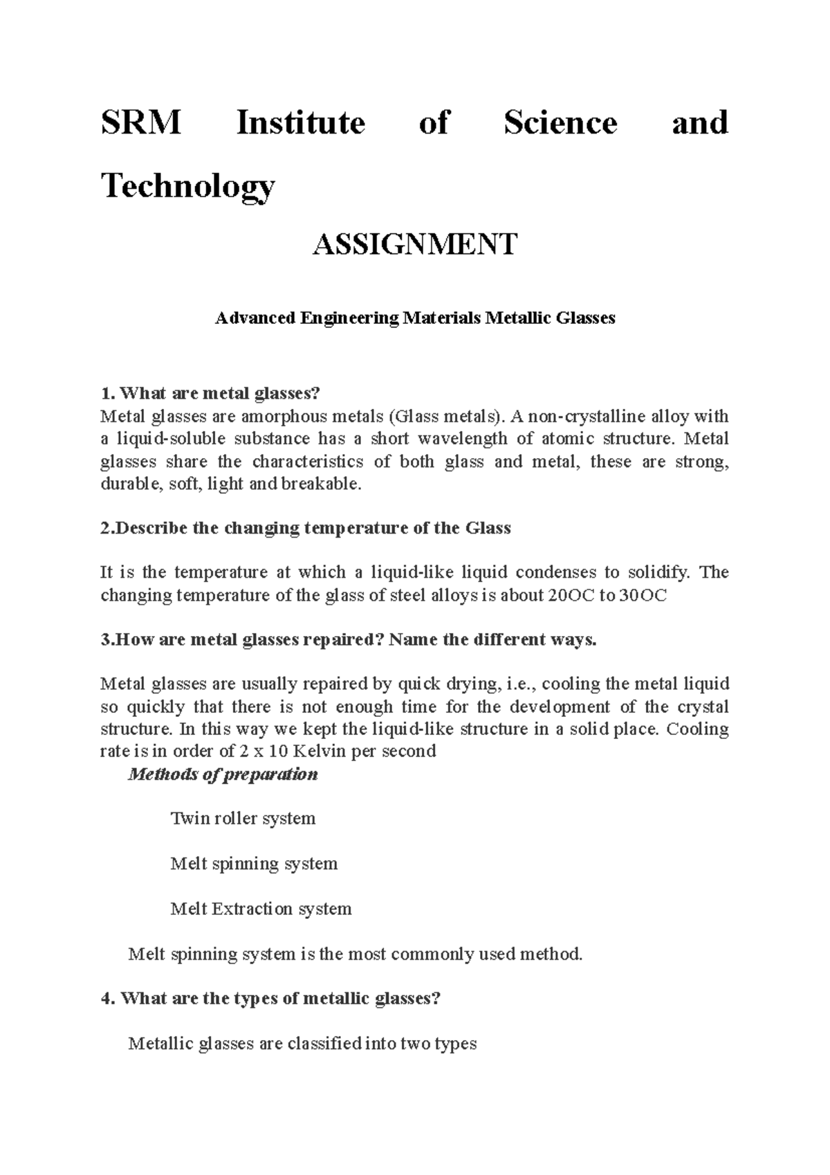 Advanced Engineering Materials Metallic Glasses - SRM Institute of ...