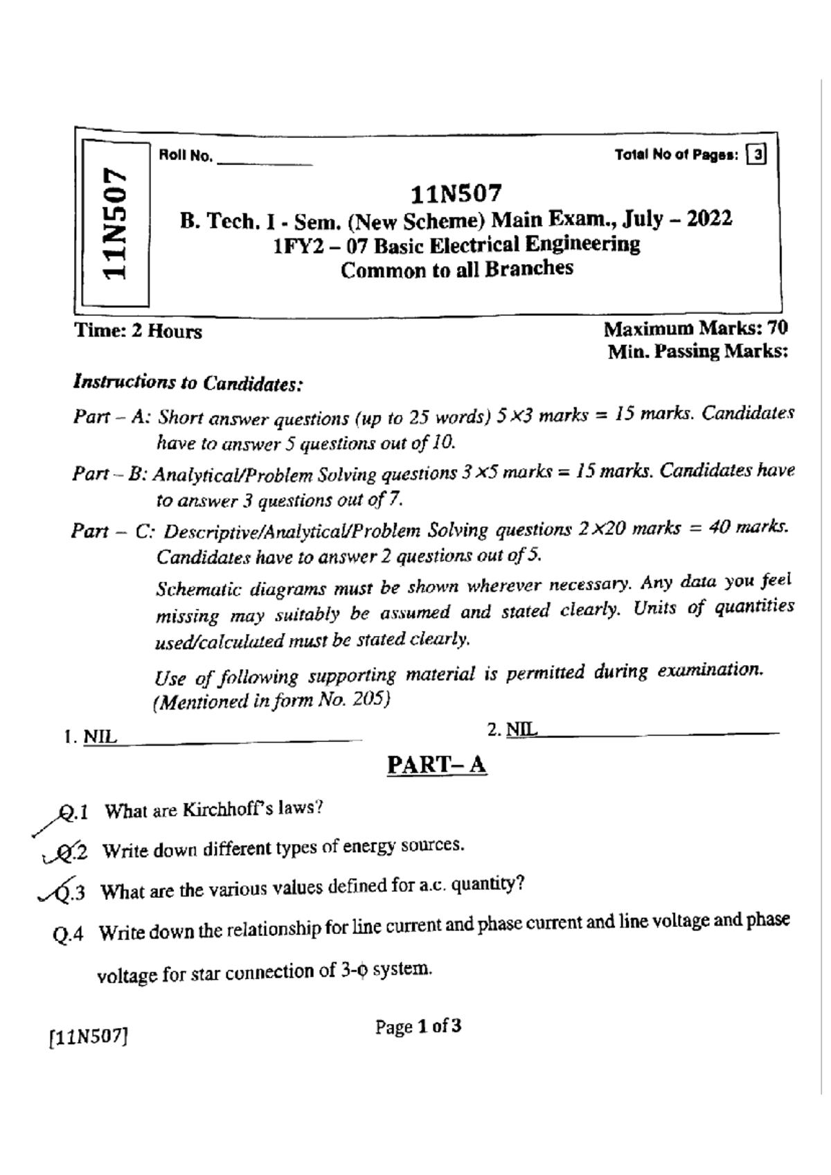 Btech 1 sem basic electrical engineering 11n507 jul 2022 - computer science and engineering ...