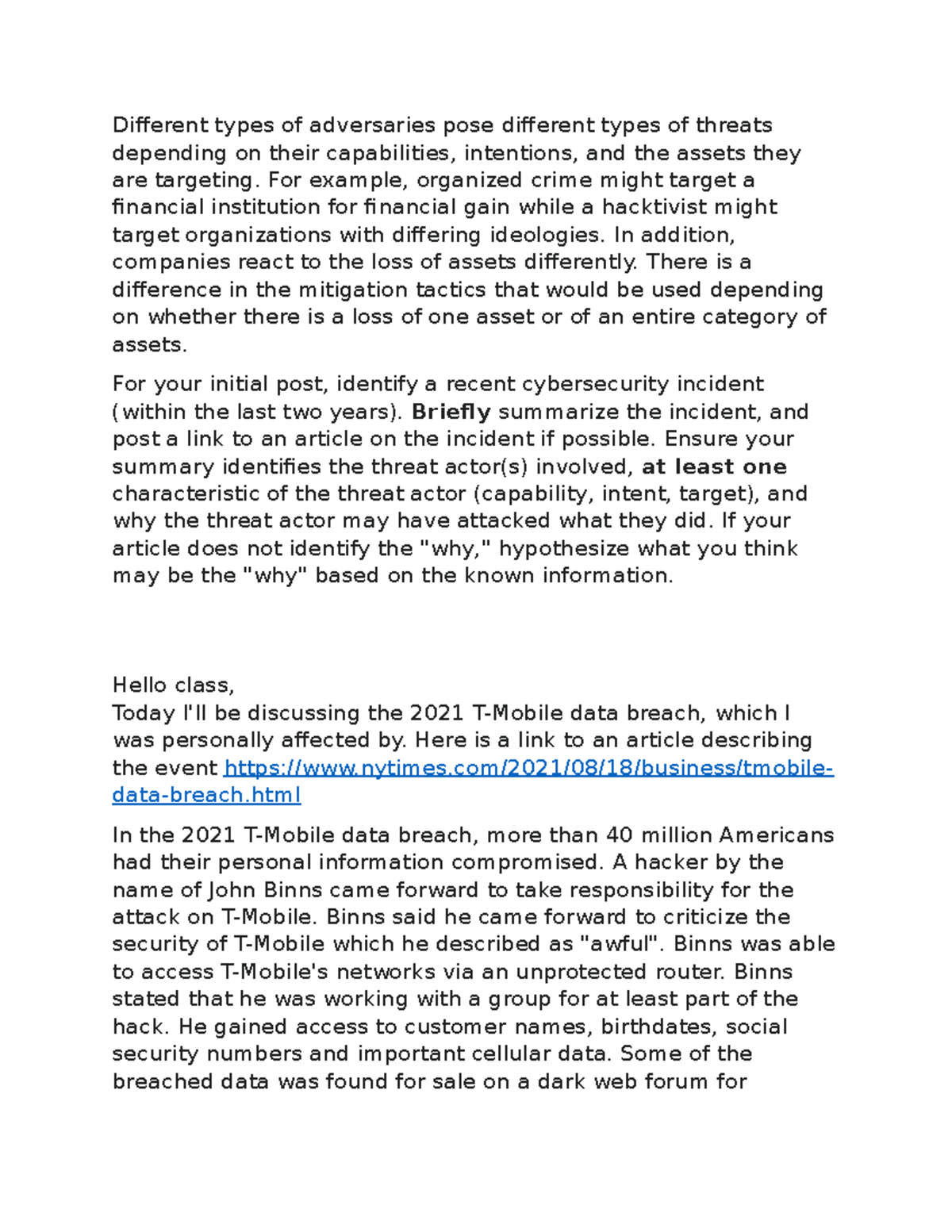 CYB-200 Module 5 Discussion - Different types of adversaries pose ...