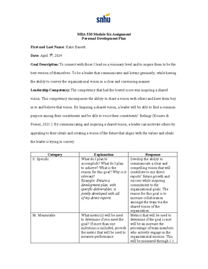 Belaski R MBA530 Module Six 6-2 Personal Development Plan 052823 - MBA ...