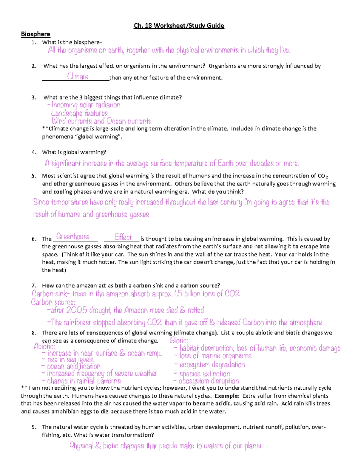 CH. 18 Worksheet- Biosphere - Ch. 18 Worksheet/Study Guide Biosphere 1 ...